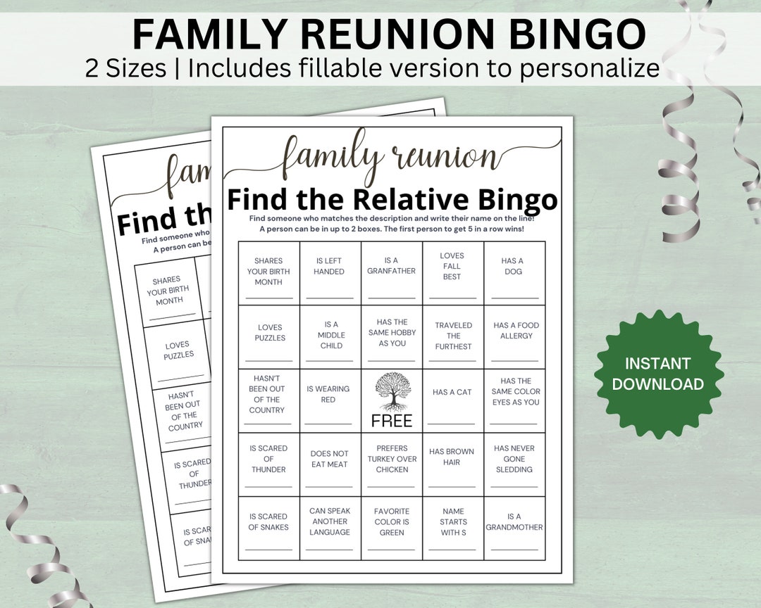 Editable Family Reunion Bingo Game, Find the Relative Bingo Game ...
