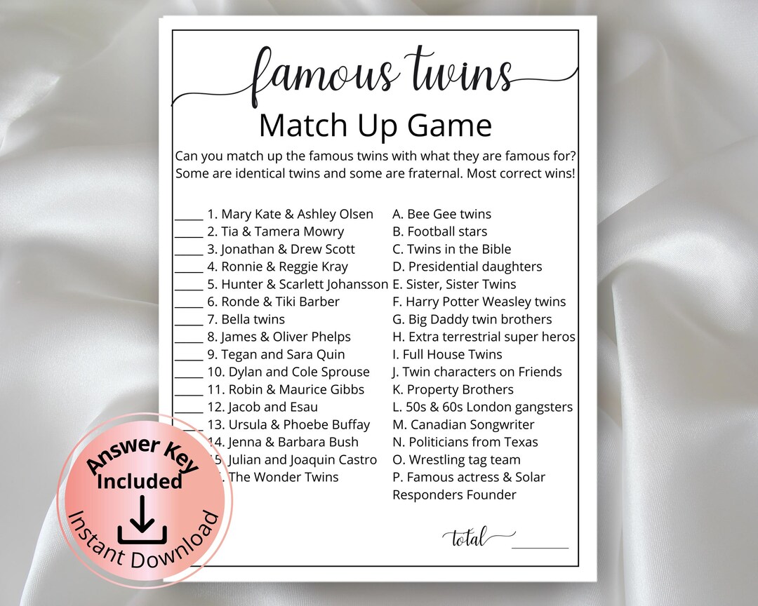 Famous Twins Trivia for Baby Showers, Printable Famous Twin Match up ...