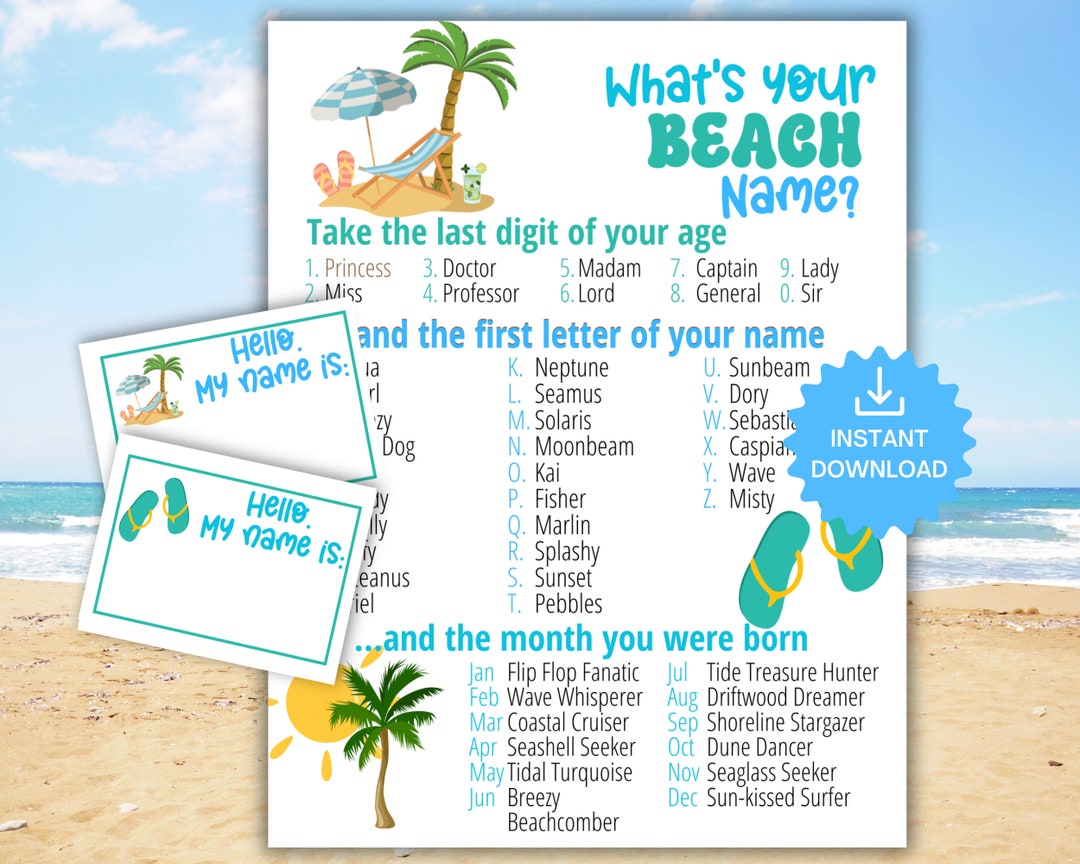 What's Your Beach Name Game WITH NAMETAGS + SIGN, Beach Vacation Party ...