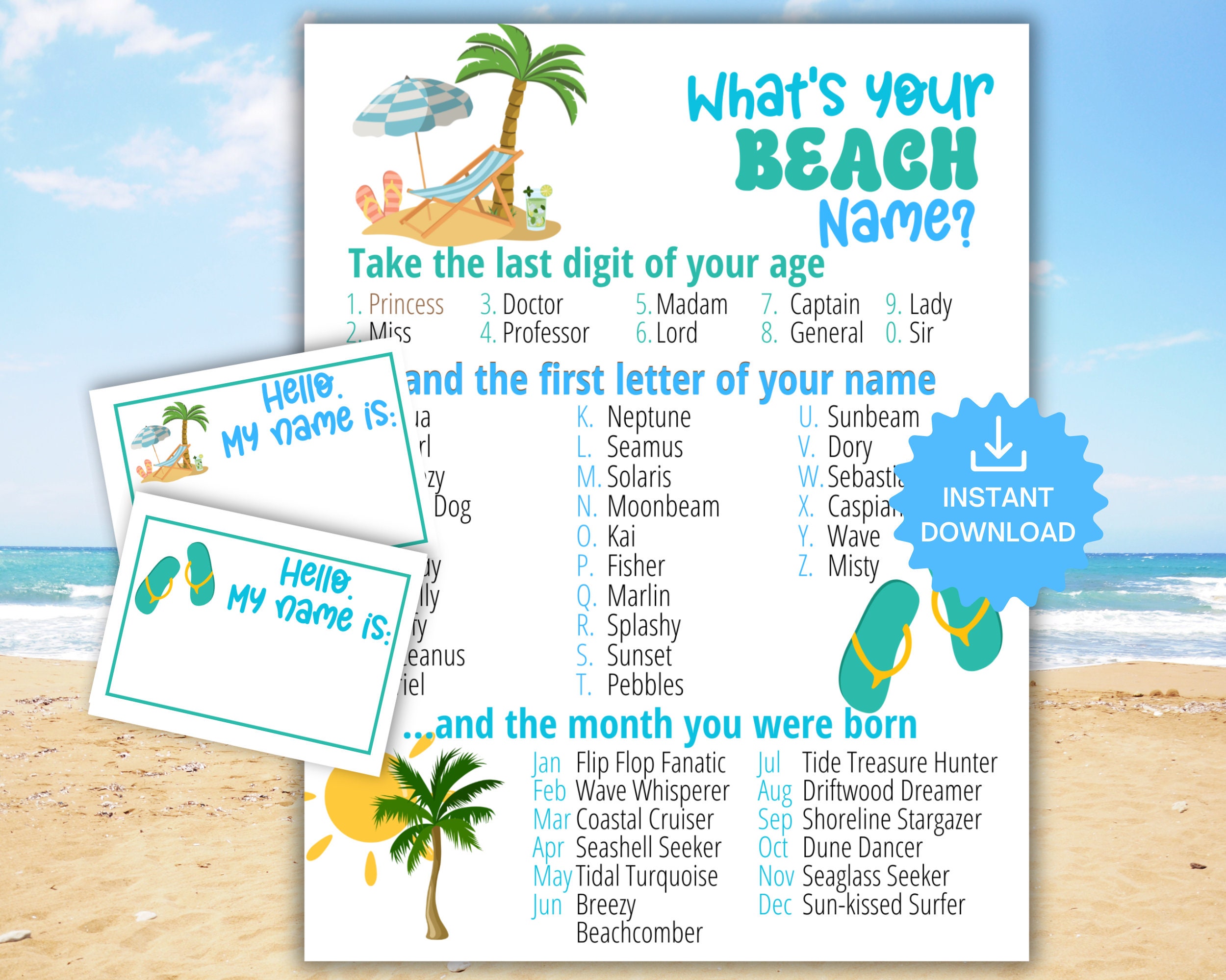 What's Your Beach Name Game WITH NAMETAGS + SIGN, Beach Vacation Party ...
