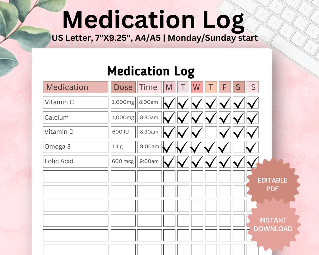 Editable Medication Log,printable Supplement Tracking Sheet,medication ...