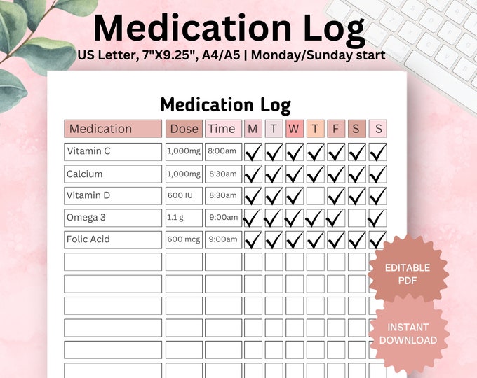 Editable Medication Log,printable Supplement Tracking Sheet,medication ...
