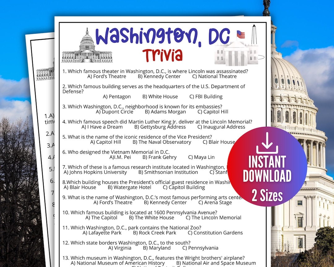 Washington DC Trivia Game,printable Vacation Travel Game, Capital Game ...