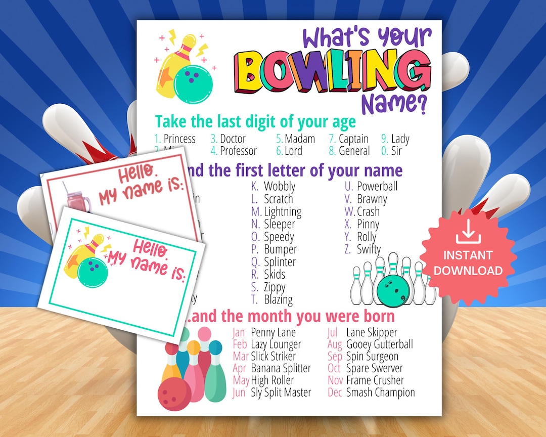 What's Your Bowling Name Game With NAMETAGS & SIGN, Birthday Party Game ...