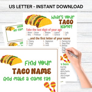 What's Your Taco Name Game WITH NAMETAGS & SIGN, Taco Party Game ...