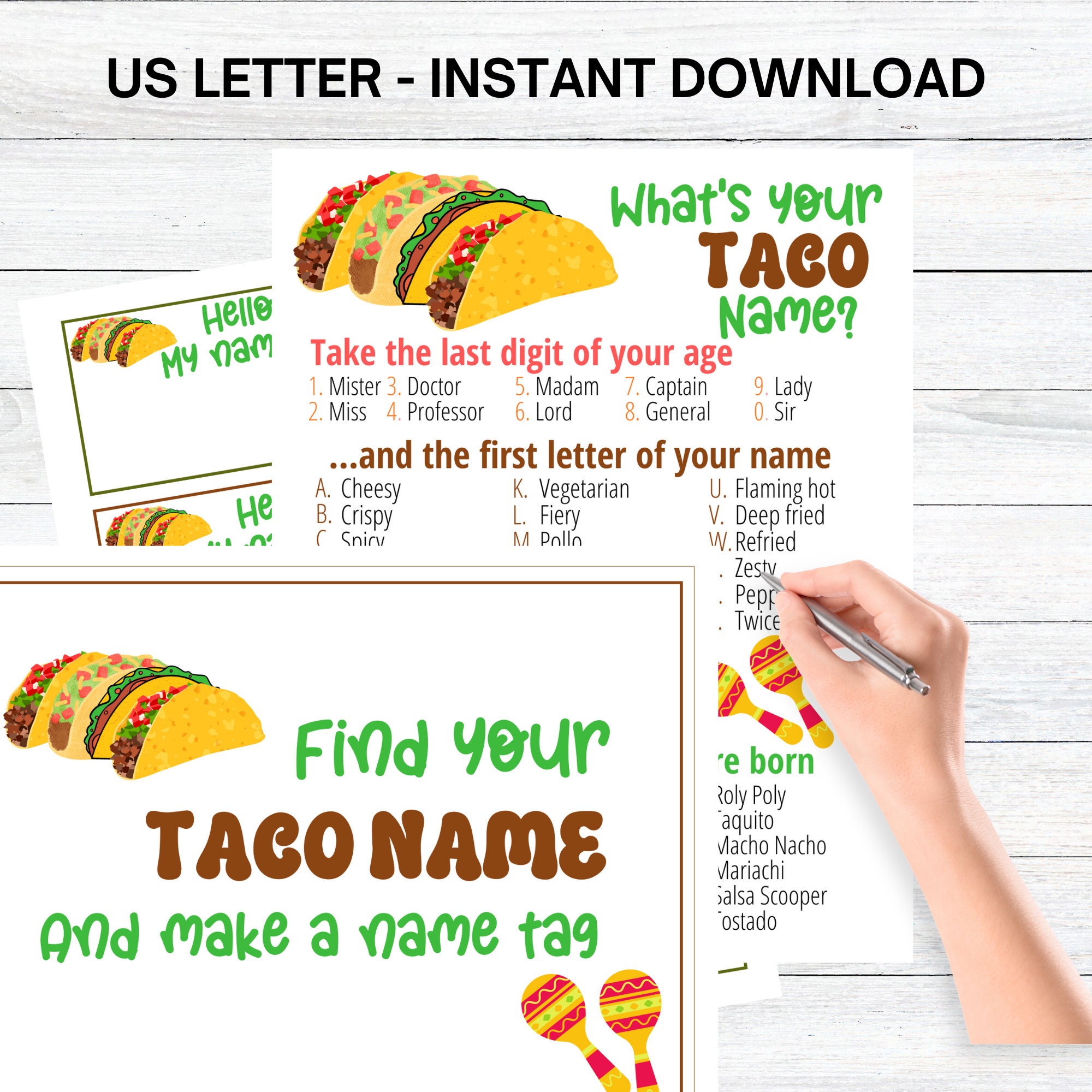 What's Your Taco Name Game WITH NAMETAGS & SIGN Taco - Etsy
