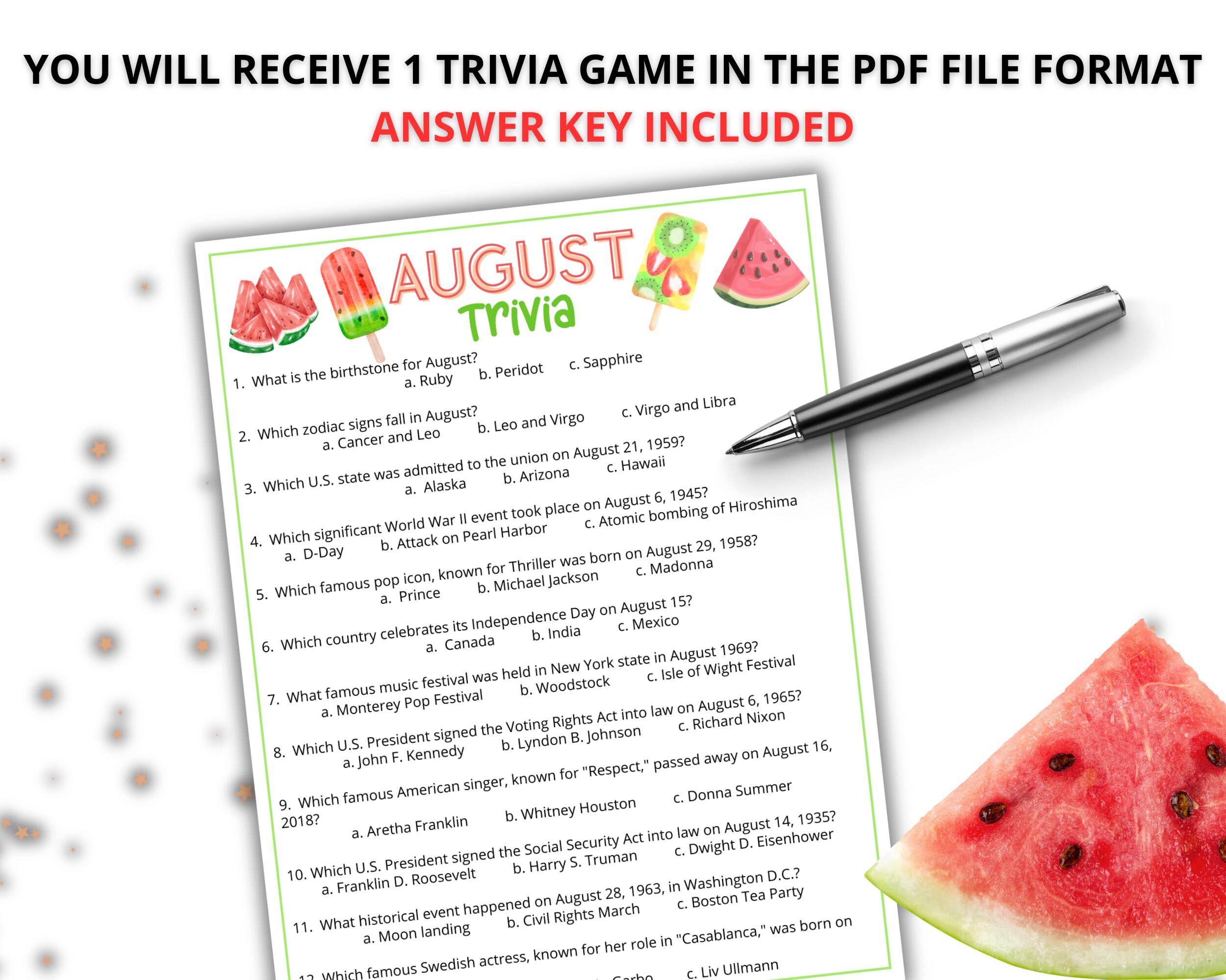 August Trivia Game, Summer Monthly Trivia Game, Summer Party Game ...