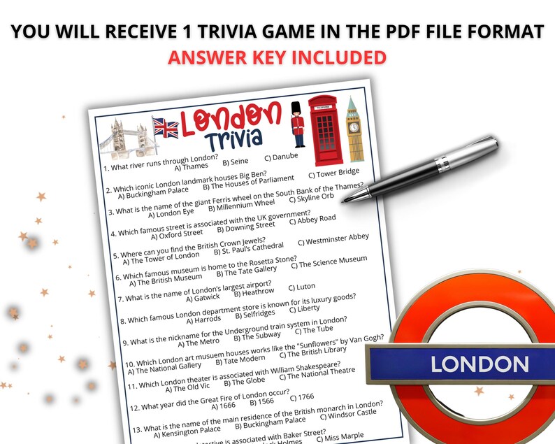London Trivia Game,printable London Games for Adults, English Birthday ...