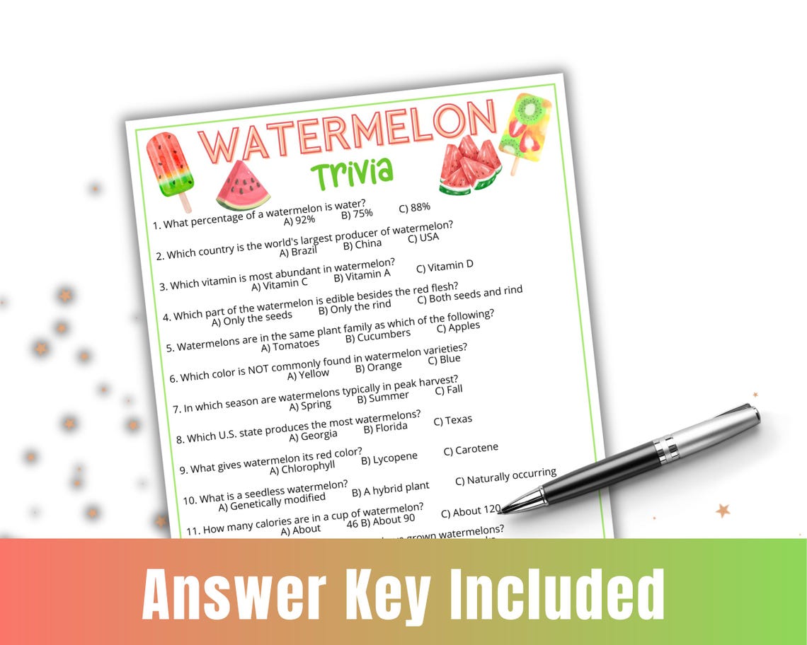 Watermelon Trivia Game, Spring Trivia Game, Summer Birthday Party Game ...