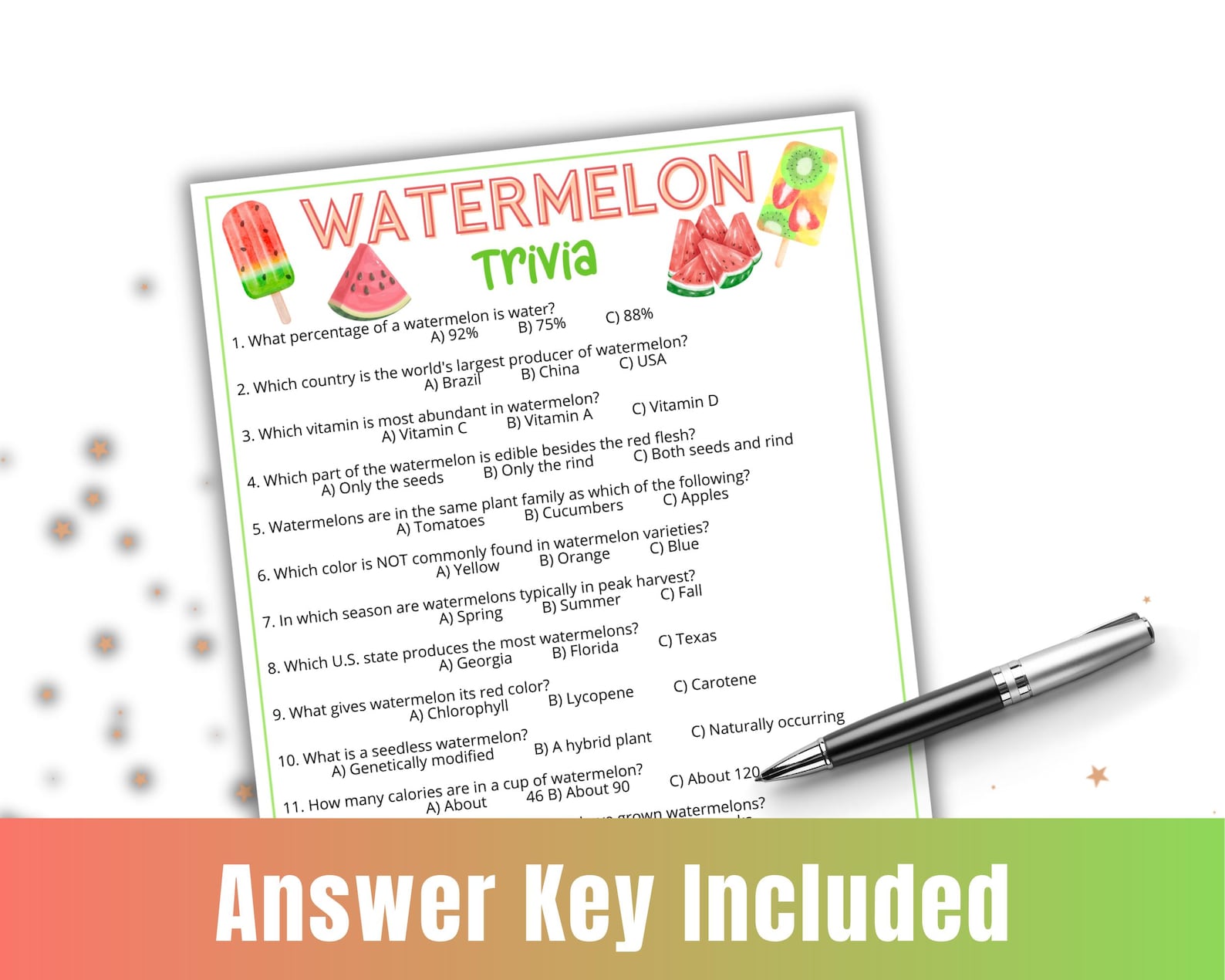 Watermelon Trivia Game, Spring Trivia Game, Summer Birthday Party Game ...