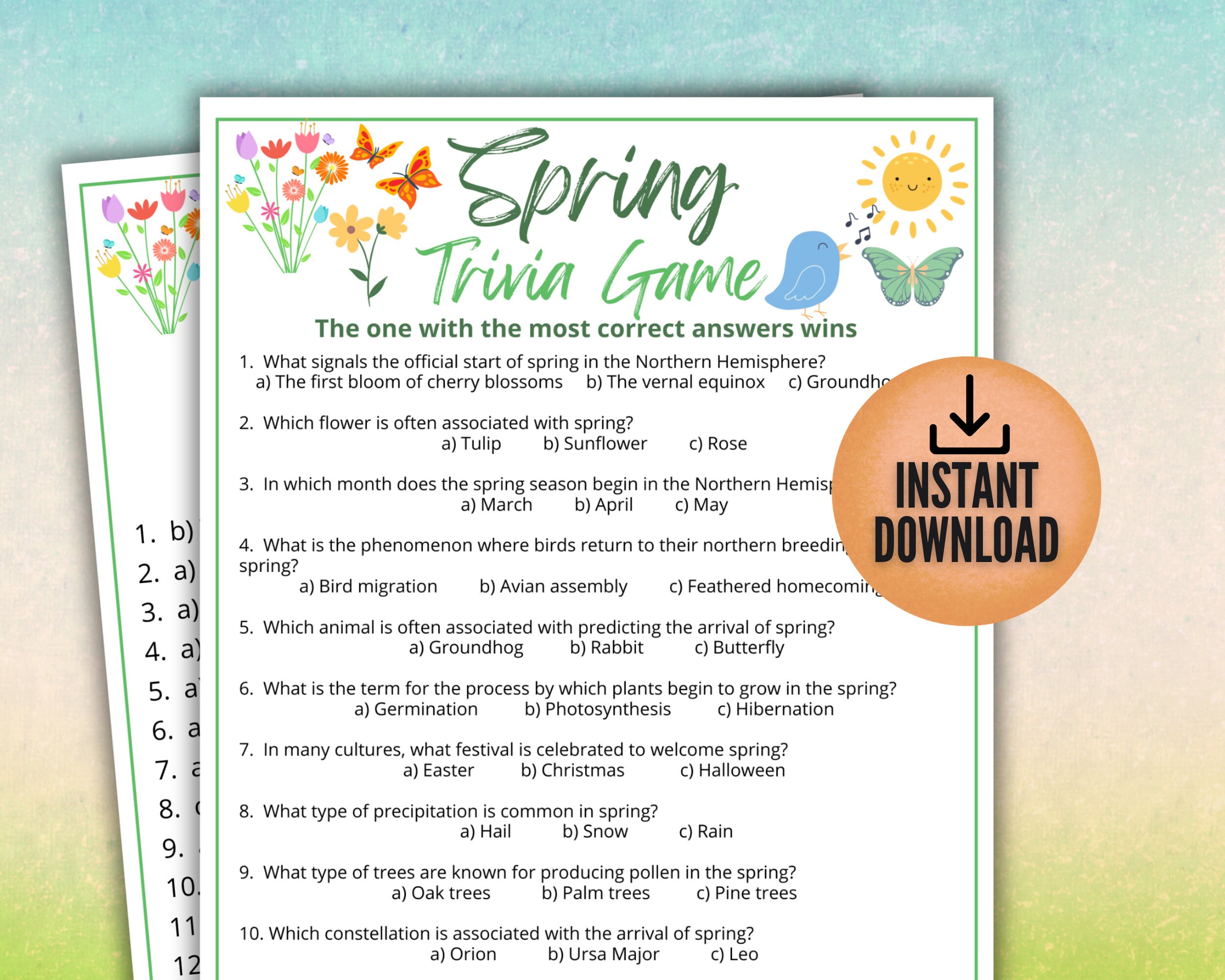 Spring Trivia,printable Multiple Choice Spring Game for Kids & Adults ...
