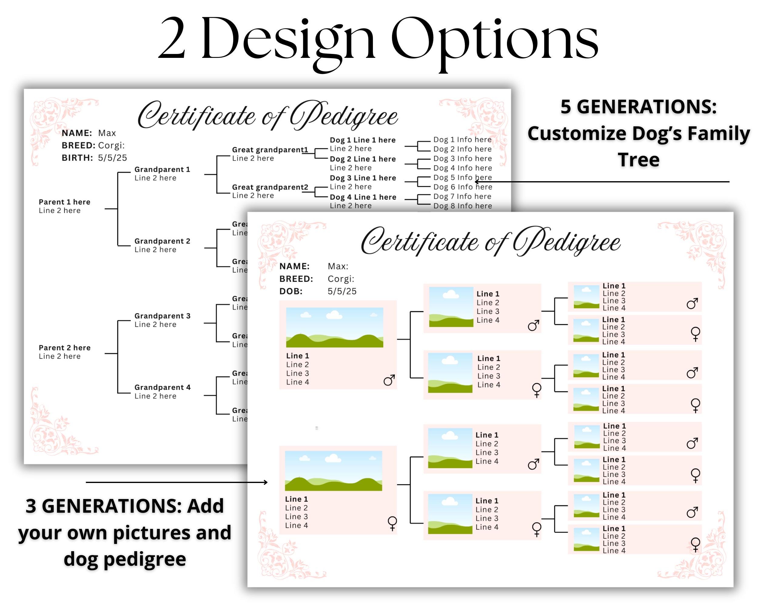 Editable Dog Pedigree Charts, Puppy Certificate of Pedigree, Dog ...