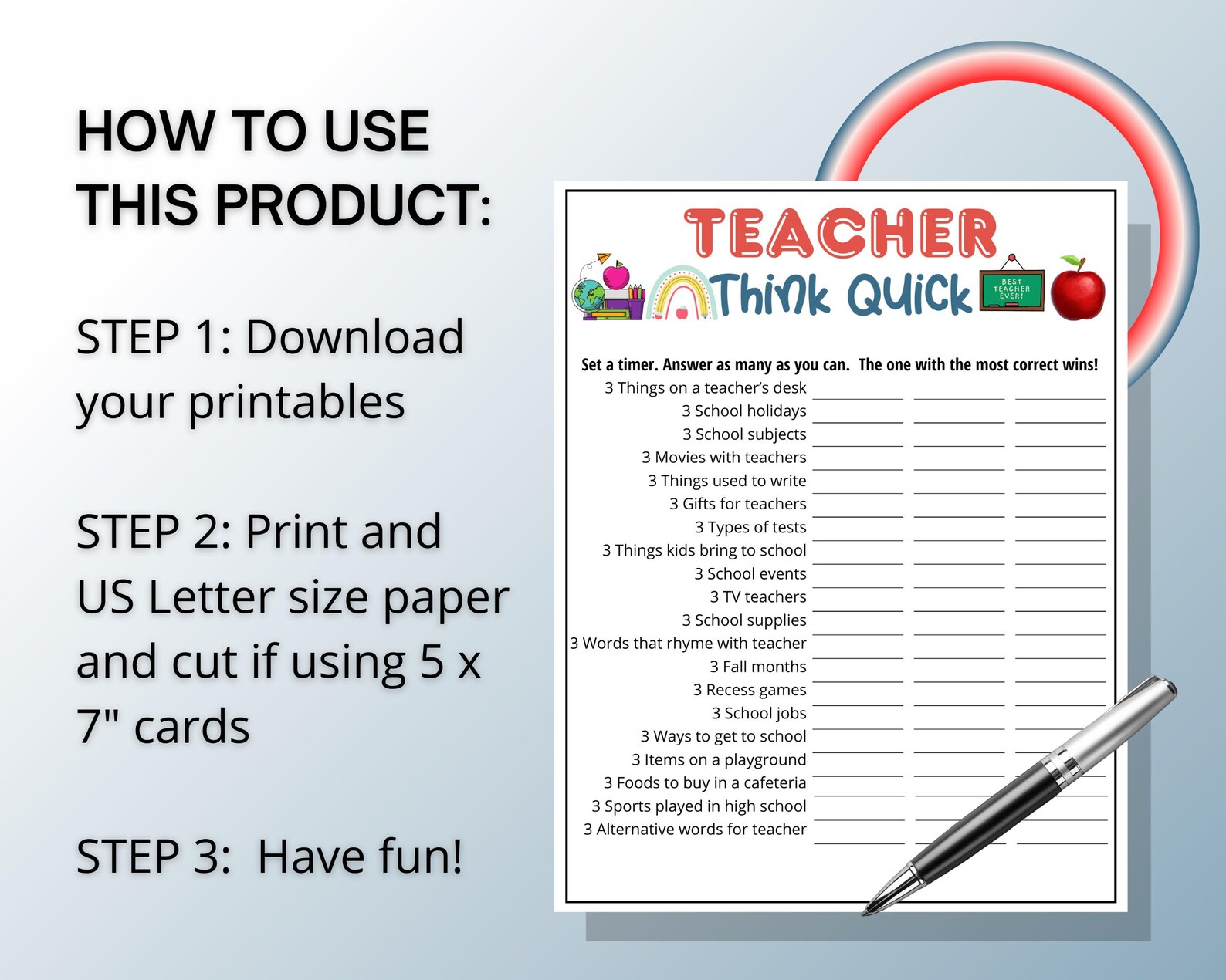 Teacher Think Quick Trivia Game,teacher Party,back to School Trivia ...