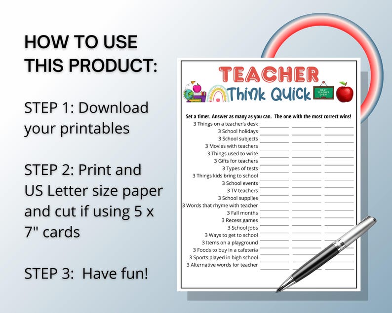 Teacher Think Quick Trivia Game,teacher Party,back to School Trivia ...