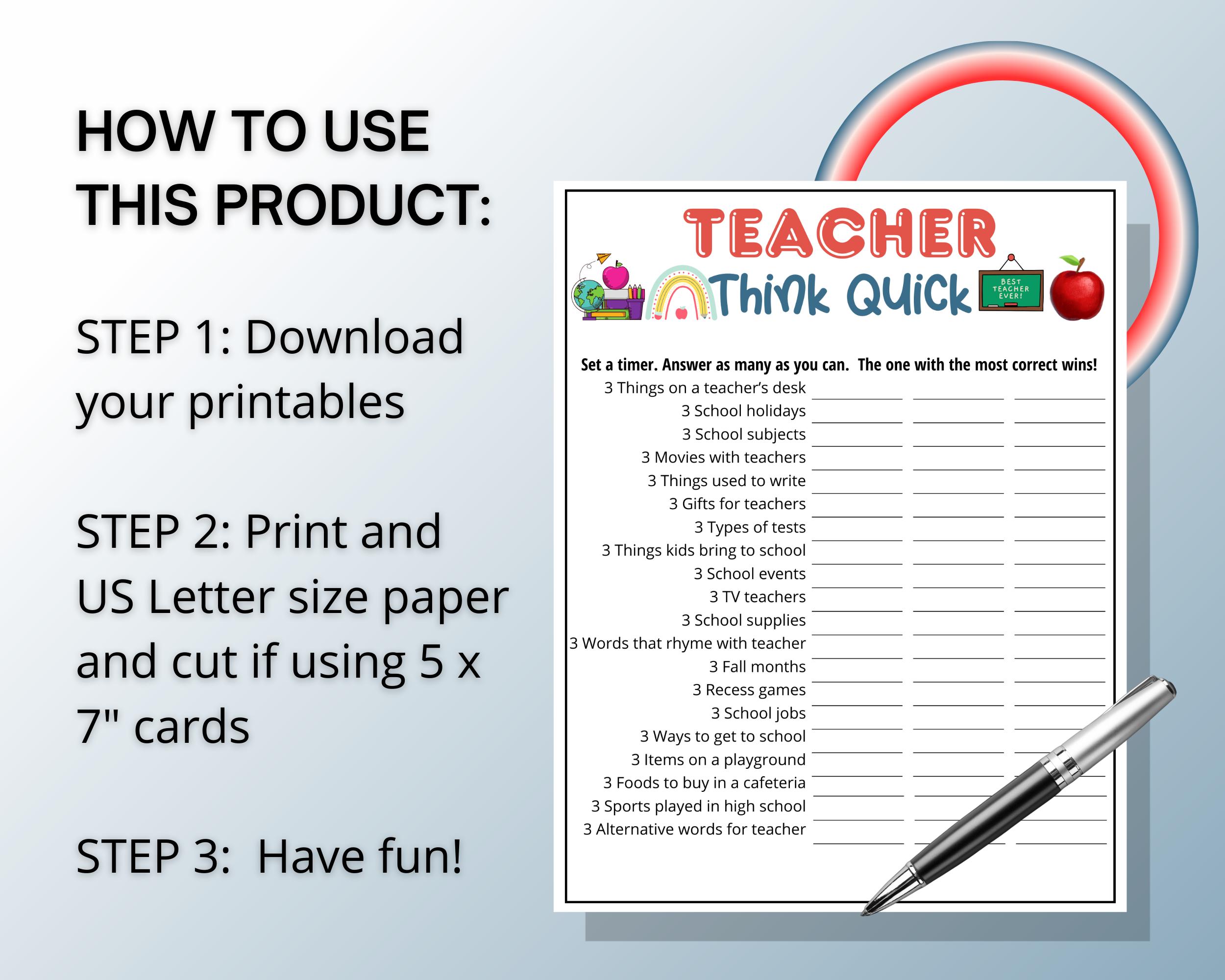 Teacher Think Quick Trivia Game,teacher Party,back to School Trivia ...