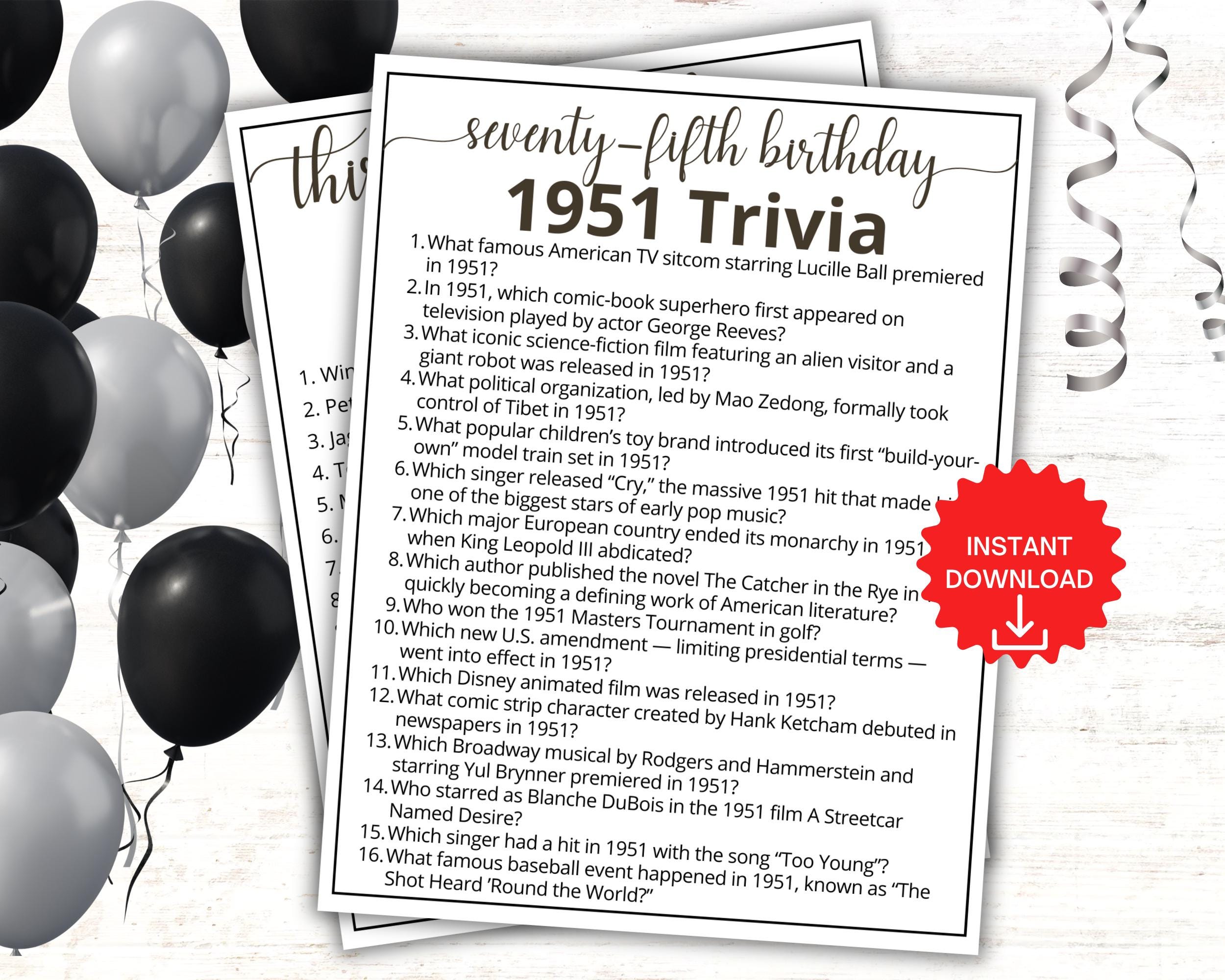 1951 Trivia Game, 75th Birthday Party Games, Born in 1951 Game, 1951 ...