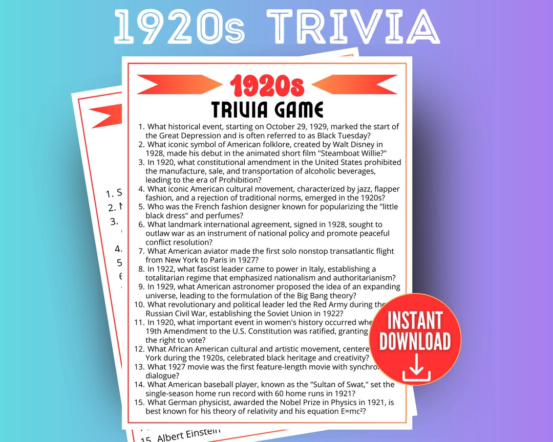 1920s Decade Trivia Game, Trivia Questions, 20s Trivia Quiz, 1960s ...