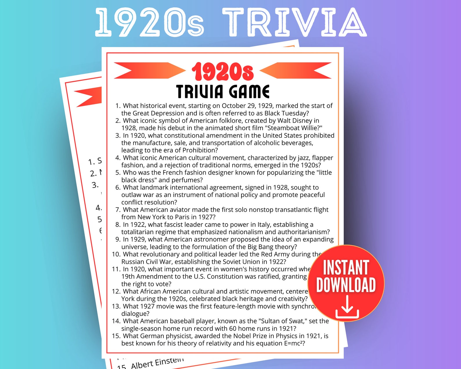 1920s Decade Trivia Game, Trivia Questions, 20s Trivia Quiz, 1960s ...