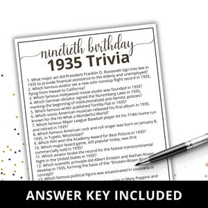 1935 Trivia Game, 90th Birthday Party Games, Born in 1935 Game, 1935 ...