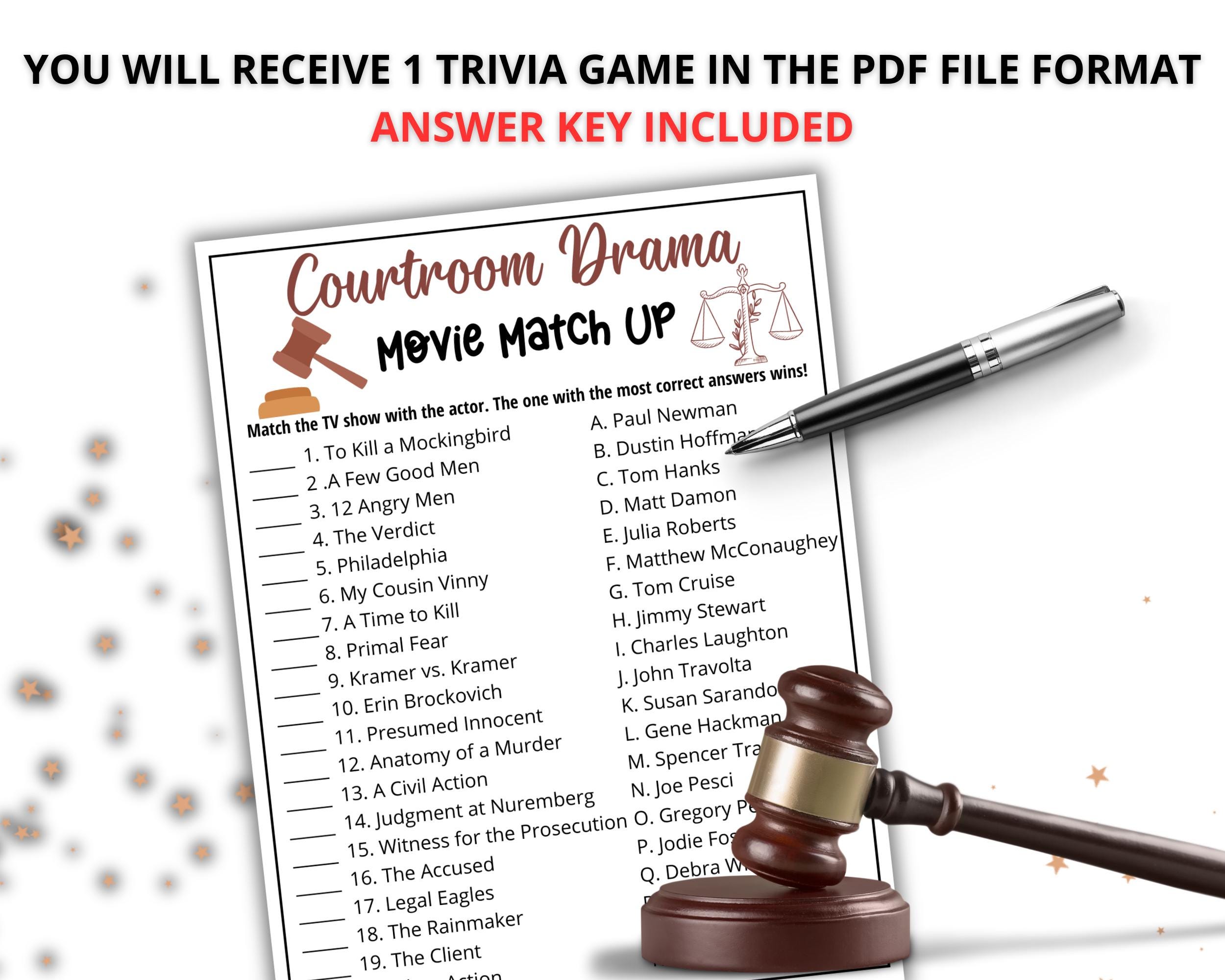 Courtroom Drama Trivia Game, Printable Legal Movie Drama Game, Law ...