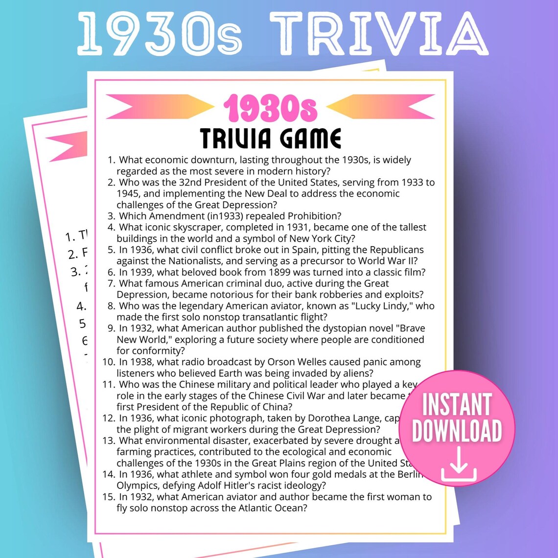 1930s Decade Trivia Game, Trivia Questions, 30s Trivia Quiz, 1960s ...