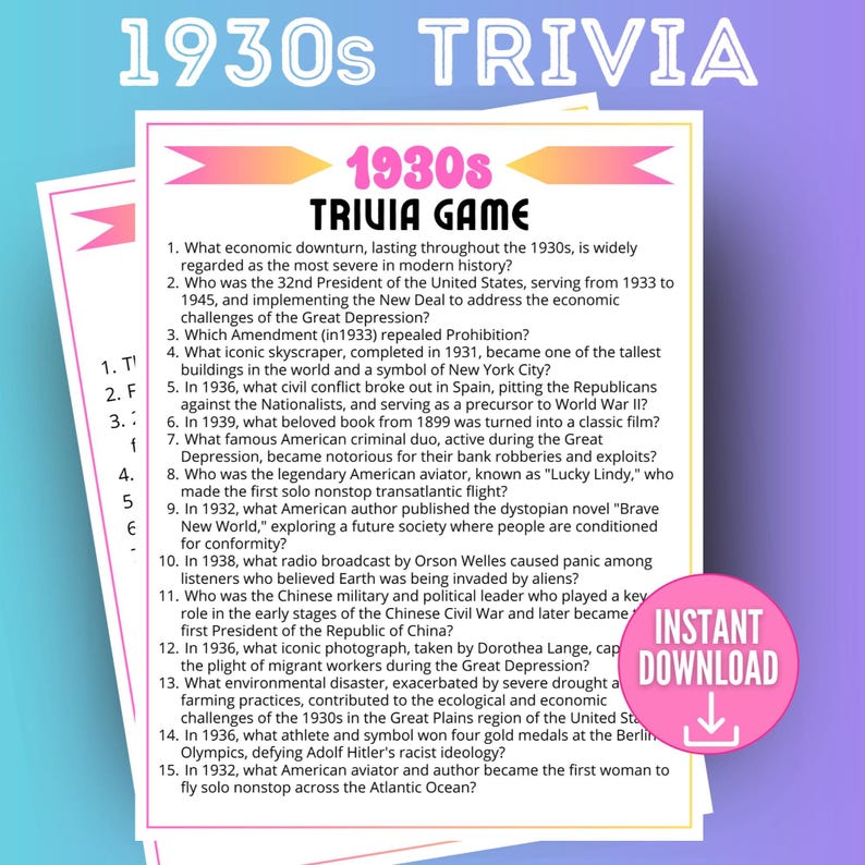 1930s Decade Trivia Game, Trivia Questions, 30s Trivia Quiz, 1960s ...