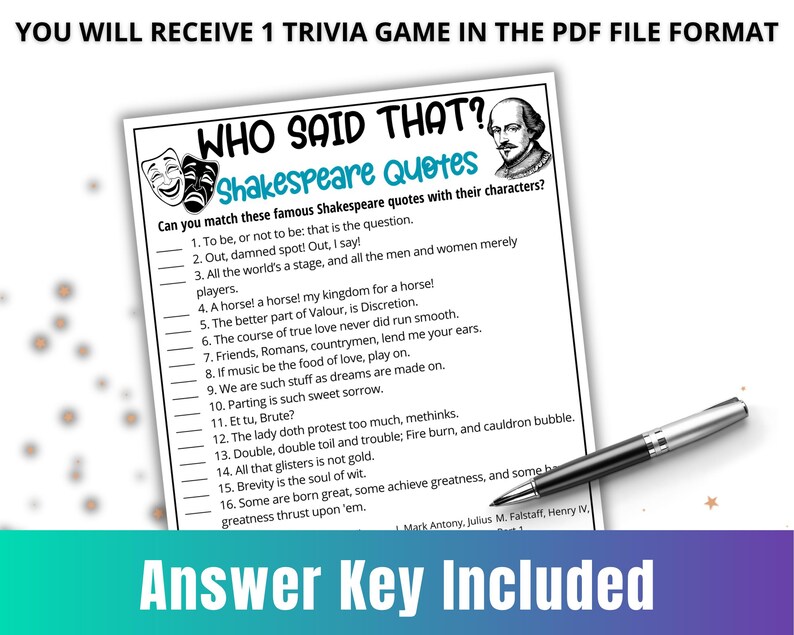 Shakespeare Quotes Trivia Game,famous Shakespeare Quotes Quiz,pop ...
