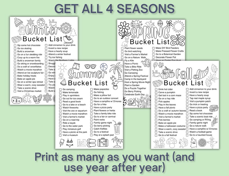 4 Season Bucket List - Editable PDF, Winter Bucket List Printable, Fun ...