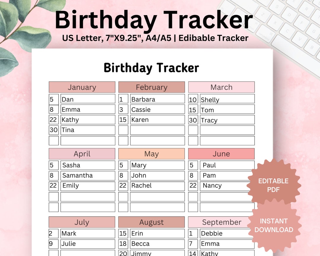 Editable Birthday Tracker, Printable Birthday List,birthday Chart ...
