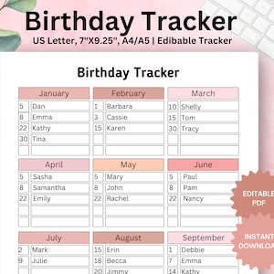 Editable Birthday Tracker, Printable Birthday List,birthday Chart ...