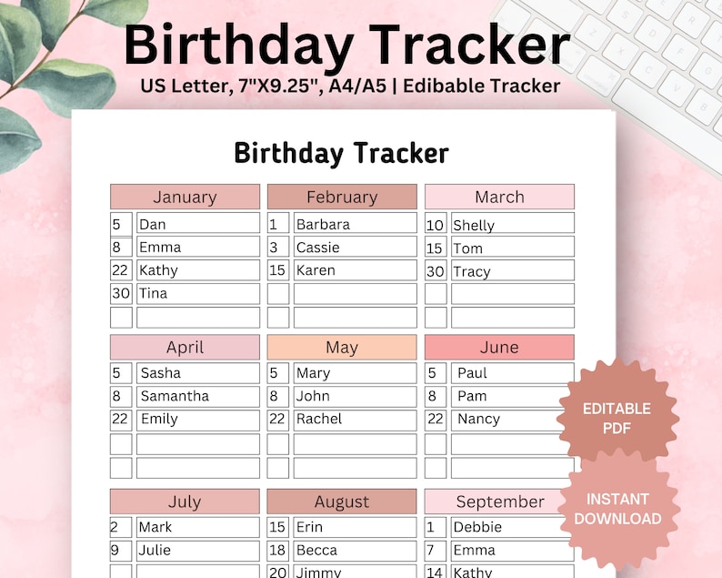 Editable Birthday Tracker, Printable Birthday List,birthday Chart ...