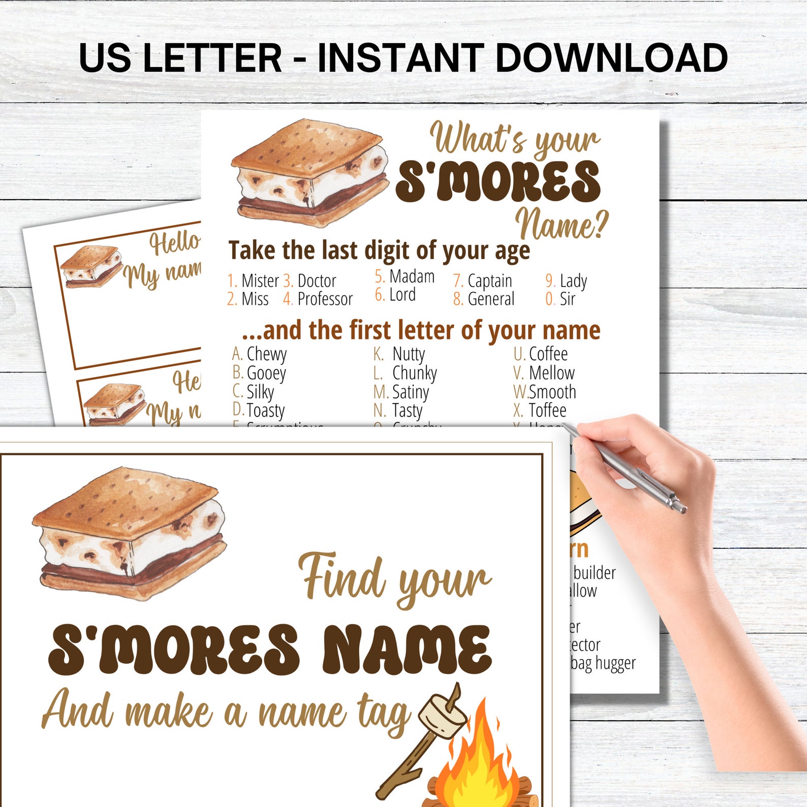 What's Your S'mores Name Game WITH NAMETAGS + SIGN, Smores Party Game ...