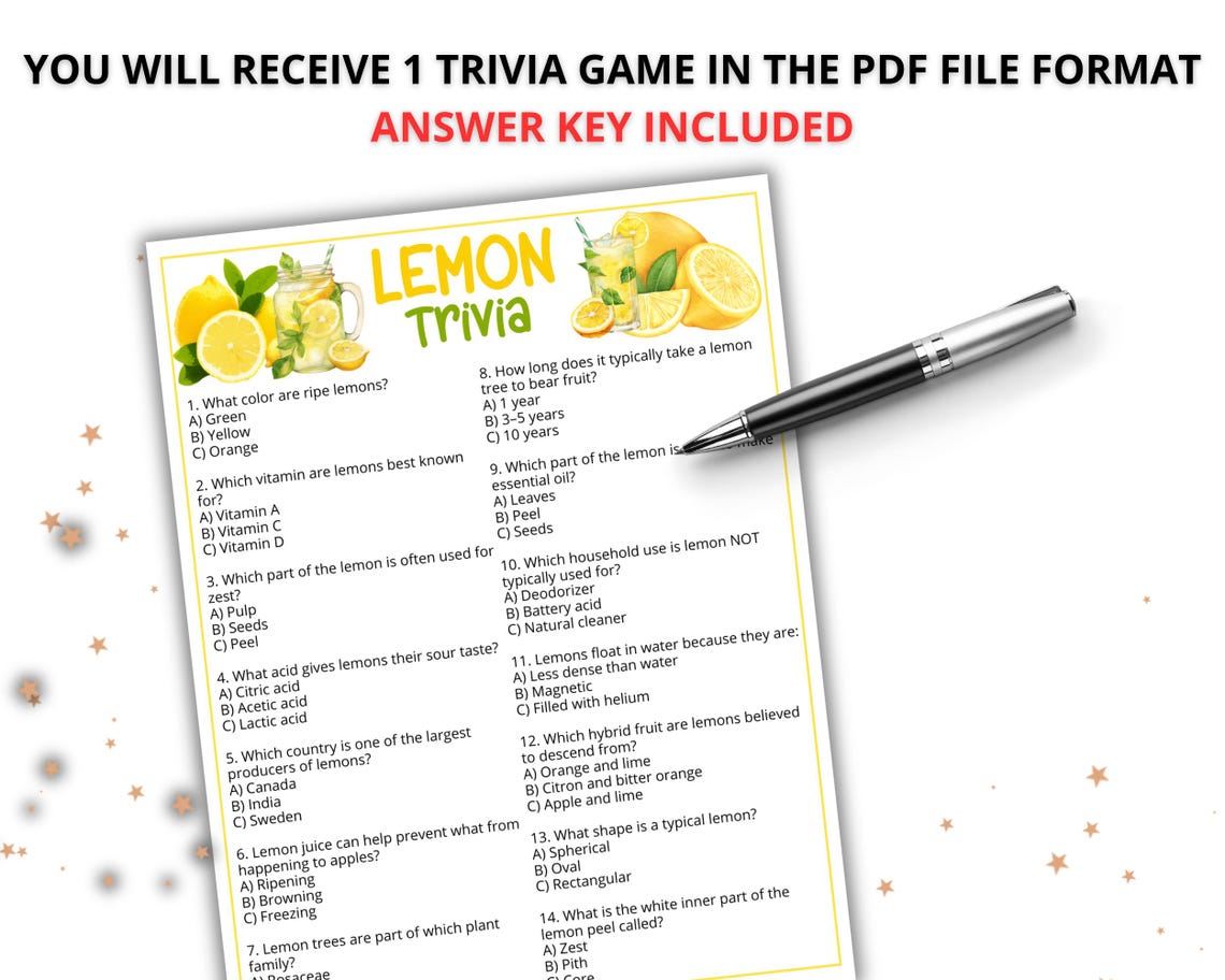 Lemon Trivia Game, Summer Lemonade Trivia Quiz, Summer Birthday Party ...