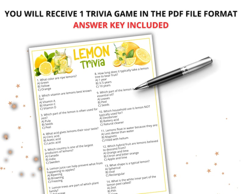 Lemon Trivia Game, Summer Lemonade Trivia Quiz, Summer Birthday Party ...