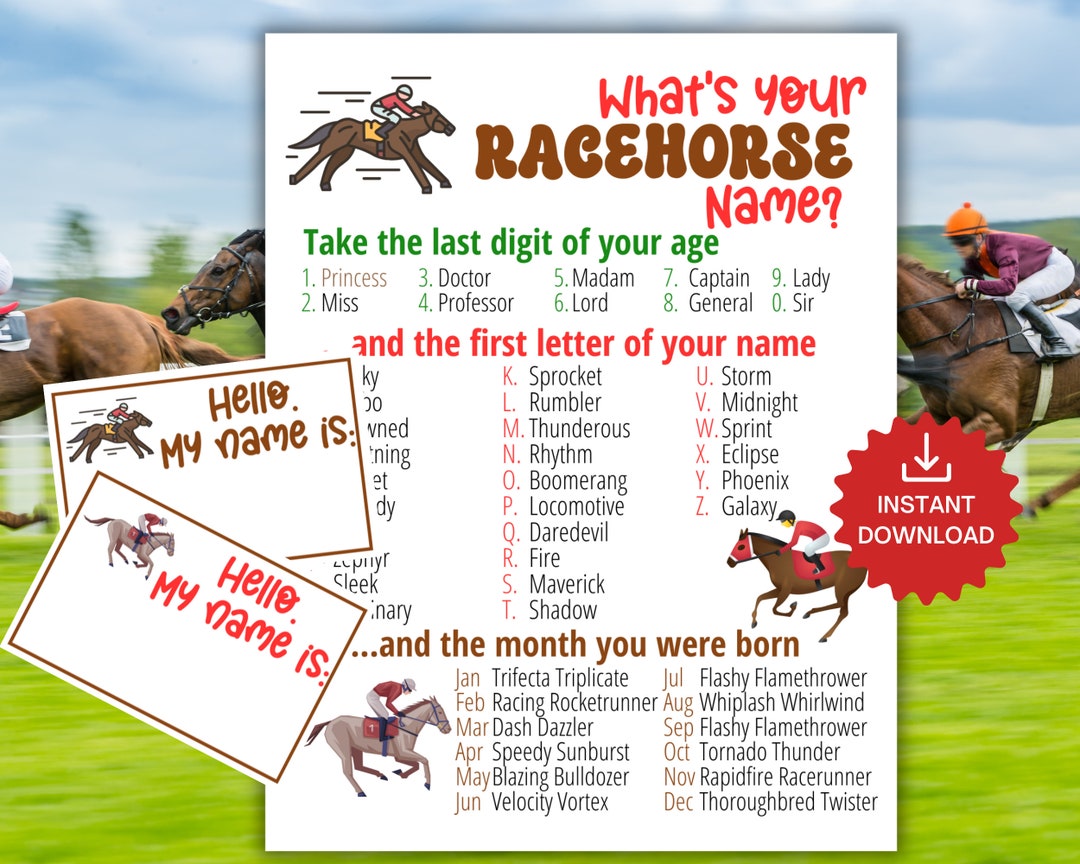 What's Your Racehorse Name Game WITH NAMETAGS + SIGN, Thoroughbred ...