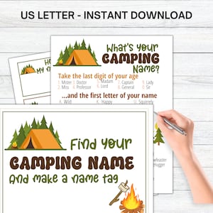What's Your Camping Name Game WITH NAMETAGS + SIGN, Camping Birthday ...