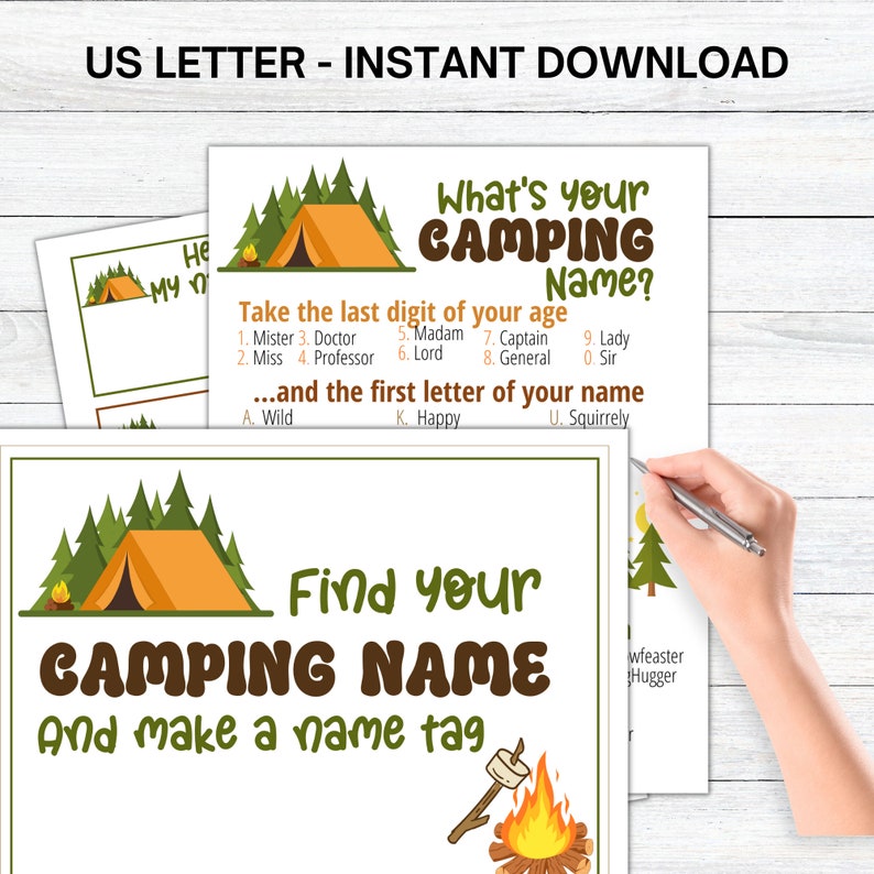 What's Your Camping Name Game WITH NAMETAGS + SIGN, Camping Birthday ...