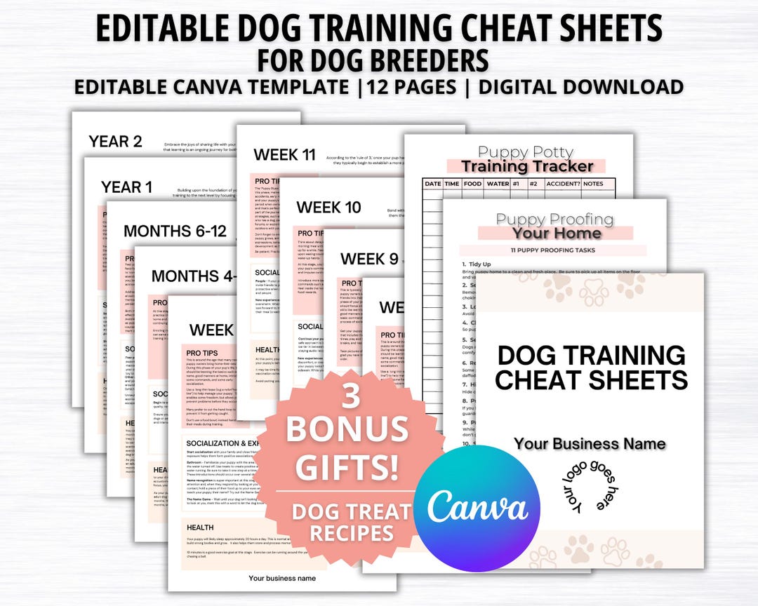 Editable Dog Training Cheat Sheets for Breeders, Dog Training Handbook ...