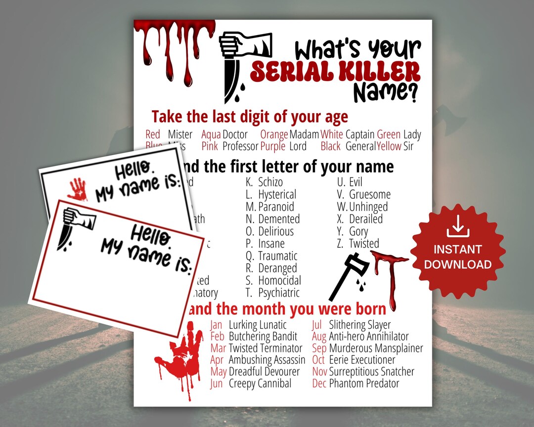What's Your Serial Killer Name Game WITH NAMETAGS + SIGN, Halloween ...
