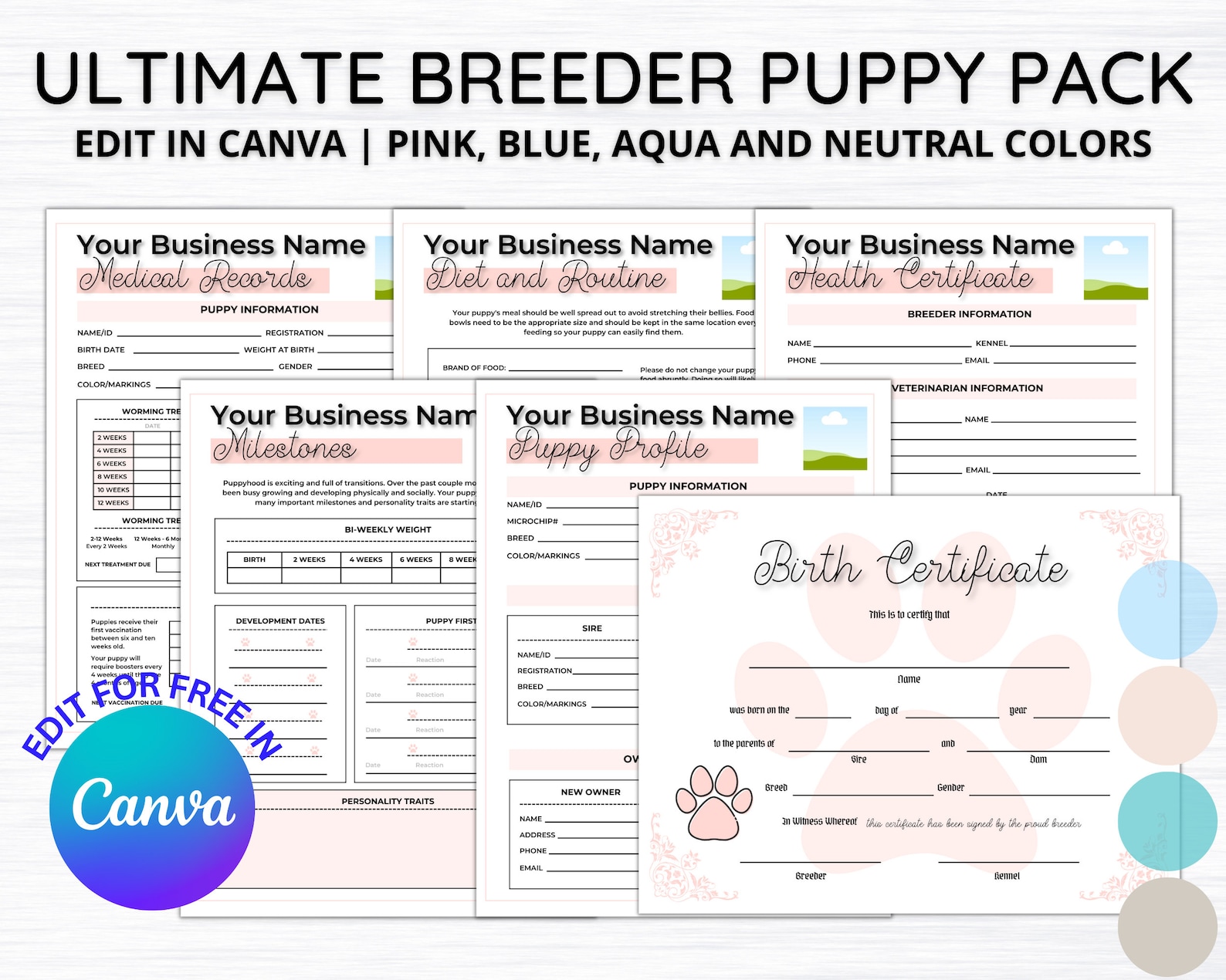 Editable Puppy Breeder Starter Kit Templates, Dog Training Handbook for ...
