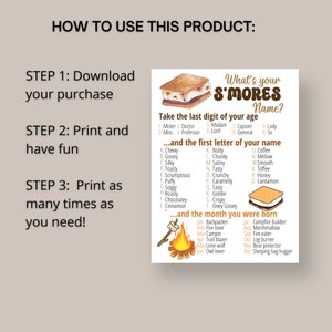 What's Your S'mores Name Game WITH NAMETAGS SIGN, Smores Party Game ...