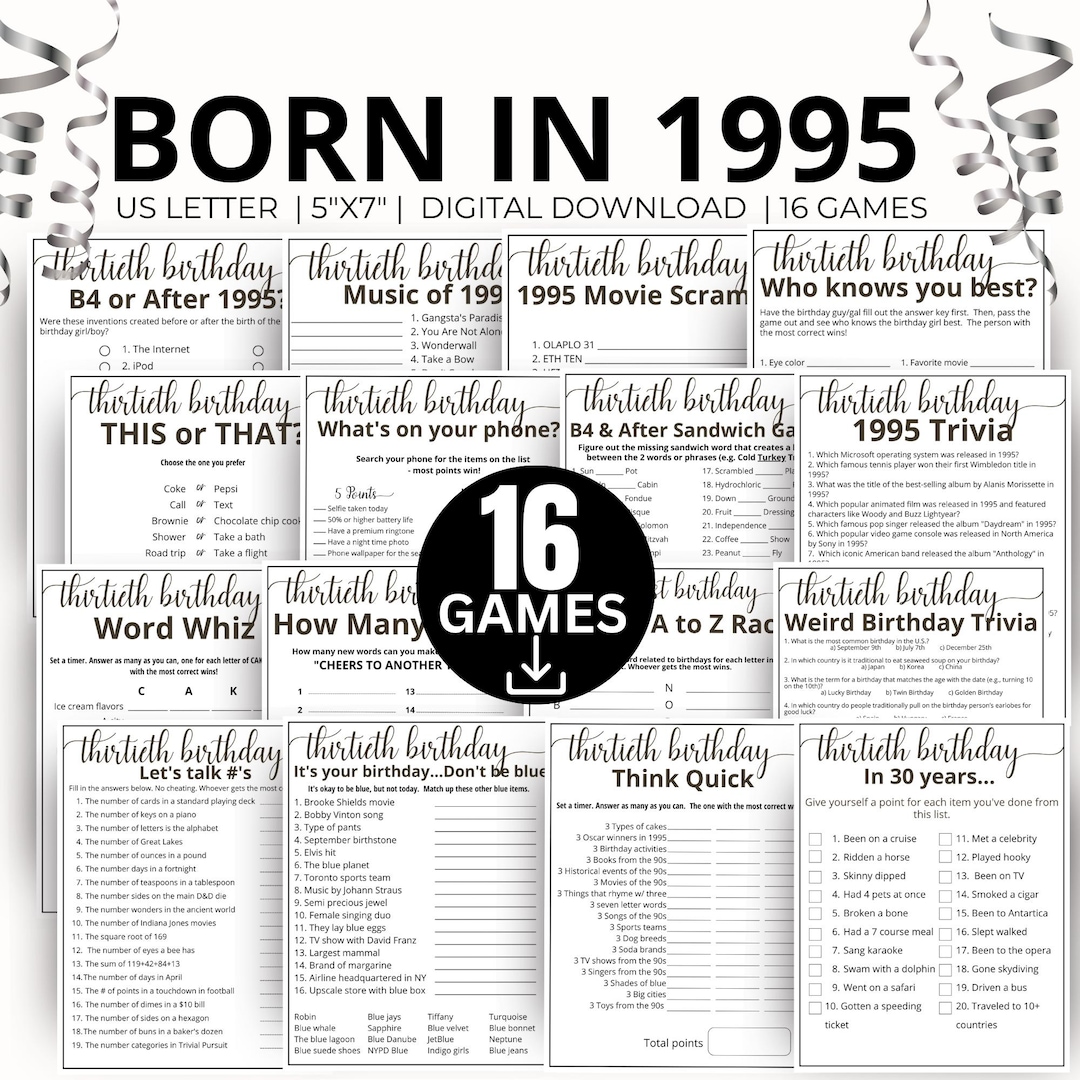 30th Birthday Party Games, Born in 1995 Game, 1995 Birthday Games, 30th ...