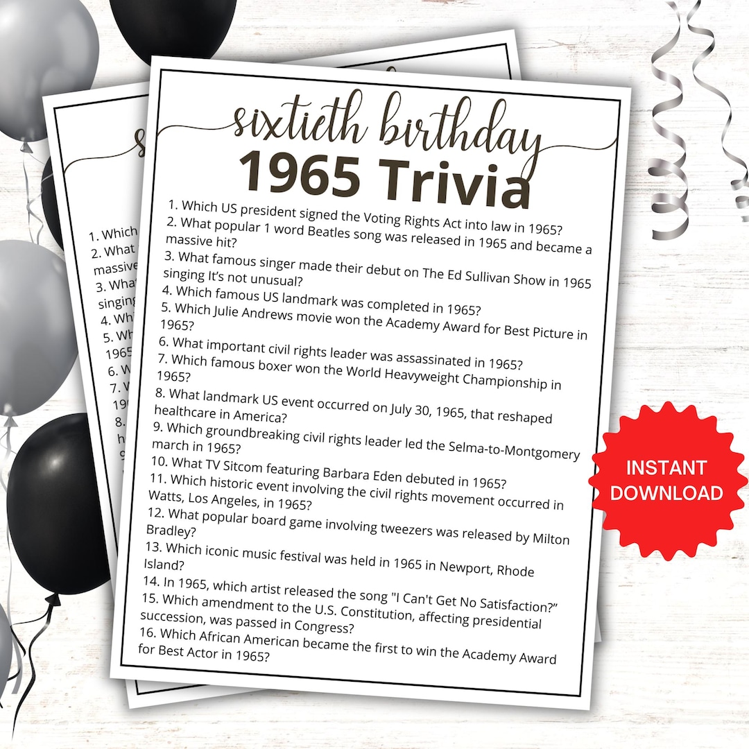 1965 Trivia Game, 60th Birthday Party Games, Born in 1965 Game, 1965 ...