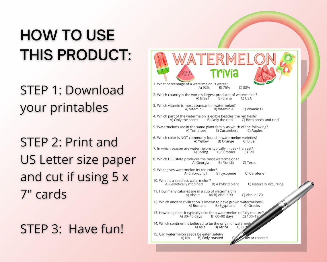 Watermelon Trivia Game, Spring Trivia Game, Summer Birthday Party Game ...