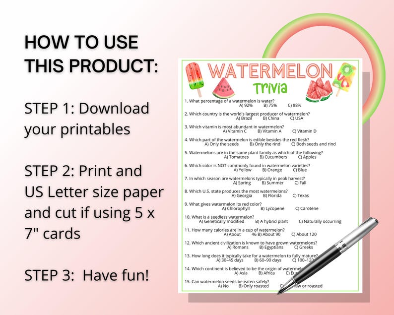 Watermelon Trivia Game, Spring Trivia Game, Summer Birthday Party Game ...