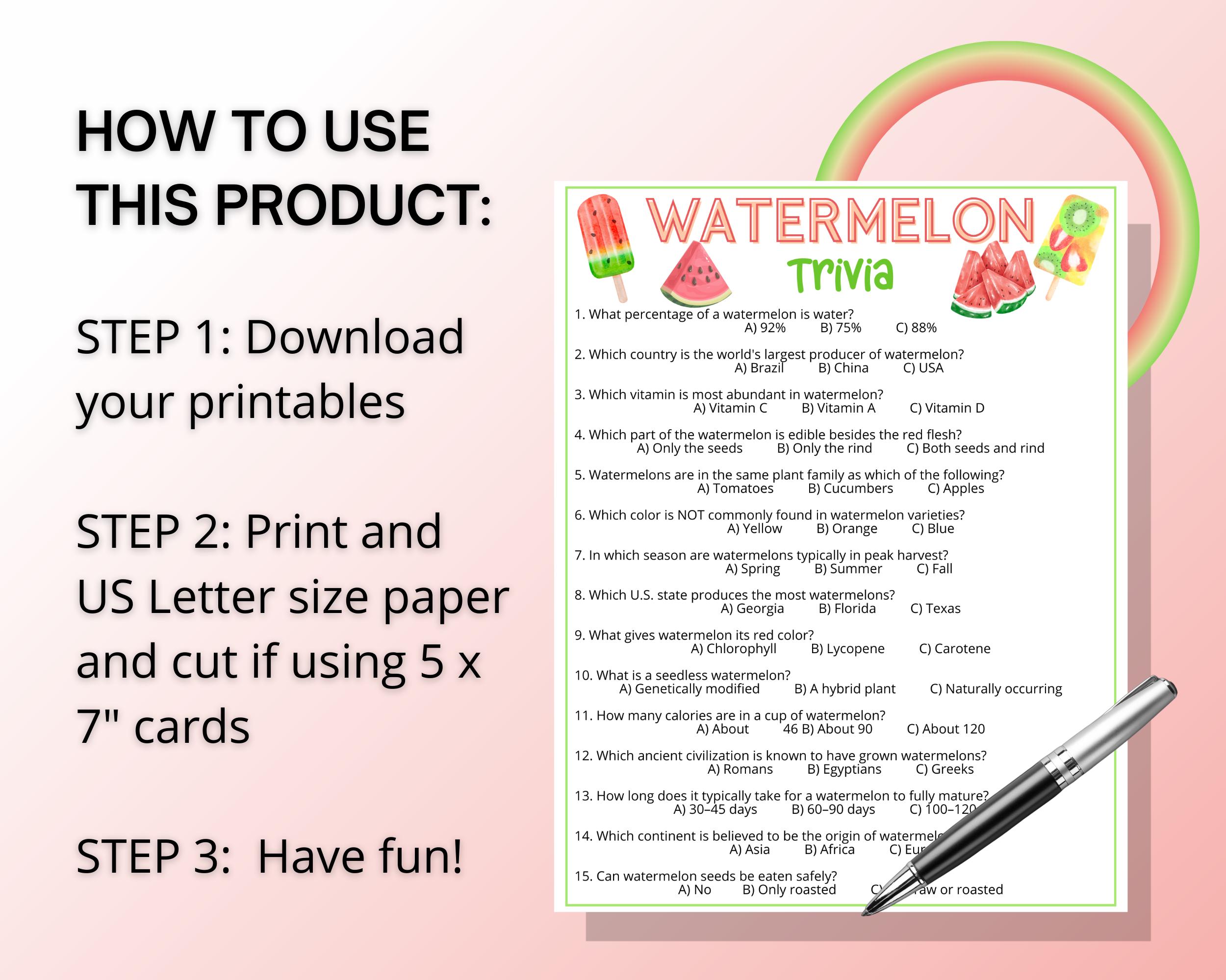 Watermelon Trivia Game, Spring Trivia Game, Summer Birthday Party Game ...