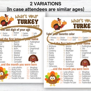 What's Your Turkey Name Game WITH NAMETAGS + SIGN, Thanksgiving Game ...
