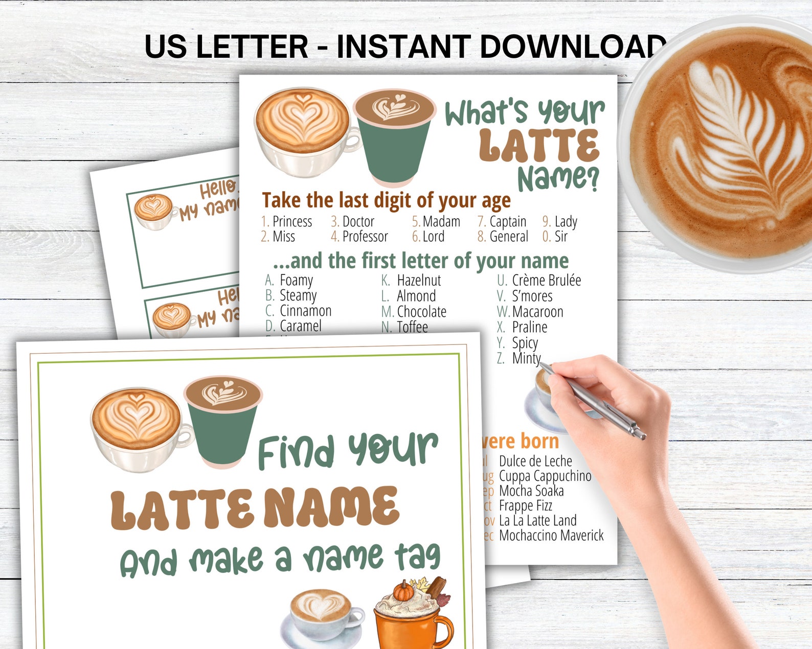 What's Your Latte Name Game WITH NAMETAGS + SIGN, Brunch Party Game ...