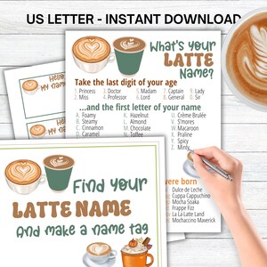 What's Your Latte Name Game WITH NAMETAGS + SIGN, Brunch Party Game ...