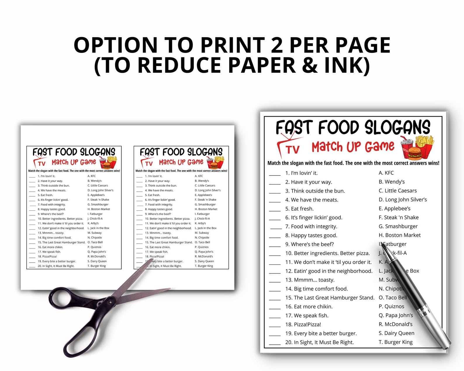 Fast Food Slogan Trivia Game,ad Slogan Match up Quiz,printable TV ...